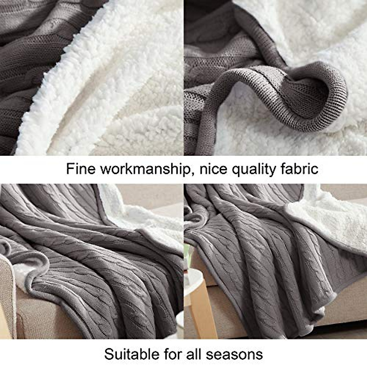 NTBAY Cotton Oversize Cable Knit Sherpa Twin Blanket for Couch (60"x80"), Soft Warm Fleece Knitted Throw for Bed, Sofa, Chair - Extra Cozy, Machine Washable, Comfortable Home Decor, Grey