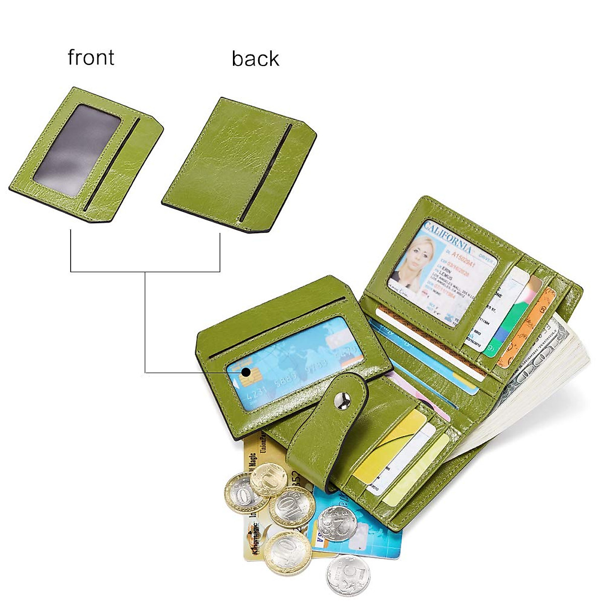 BOSTANTEN Women Leather Wallet RFID Blocking Small Bifold Zipper Pocket Wallets Card Case Purses with ID Window Green