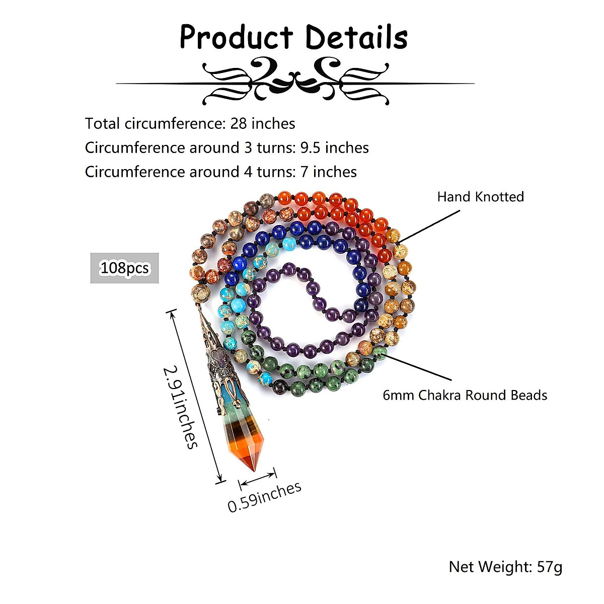 GEHECRST Natural 7 Chakra 108 Mala Prayer Beads Necklace with Reiki 12 Faceted Healing Crystal Pointed Pendant Multilayer 6mm Gemstones Beads Bracelet Mens Women Jewelry for Meditation, Protection