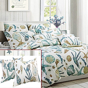 FADFAY 5Pcs Cotton Beach Themed Coastal Duvet Cover Set King/Cal King Size, 1 Duvet Cover + 4 King Size Pillowcases