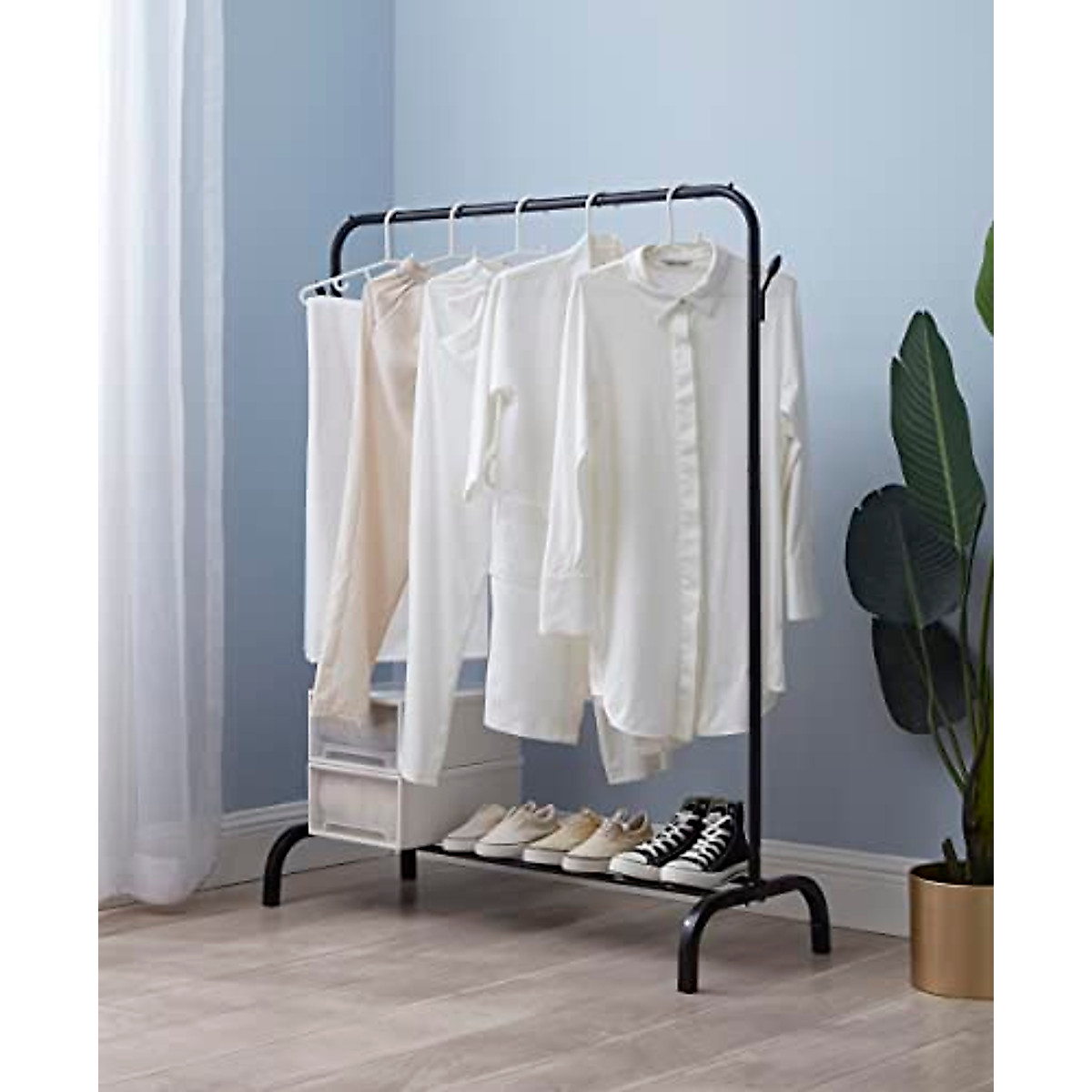 WEASHUME Clothes Rack 43.3 Inches Garment Rack,Coat stand with Bottom Shelf Portable Metal Clothing Rack for Hanging Clothes Coat Rack Black