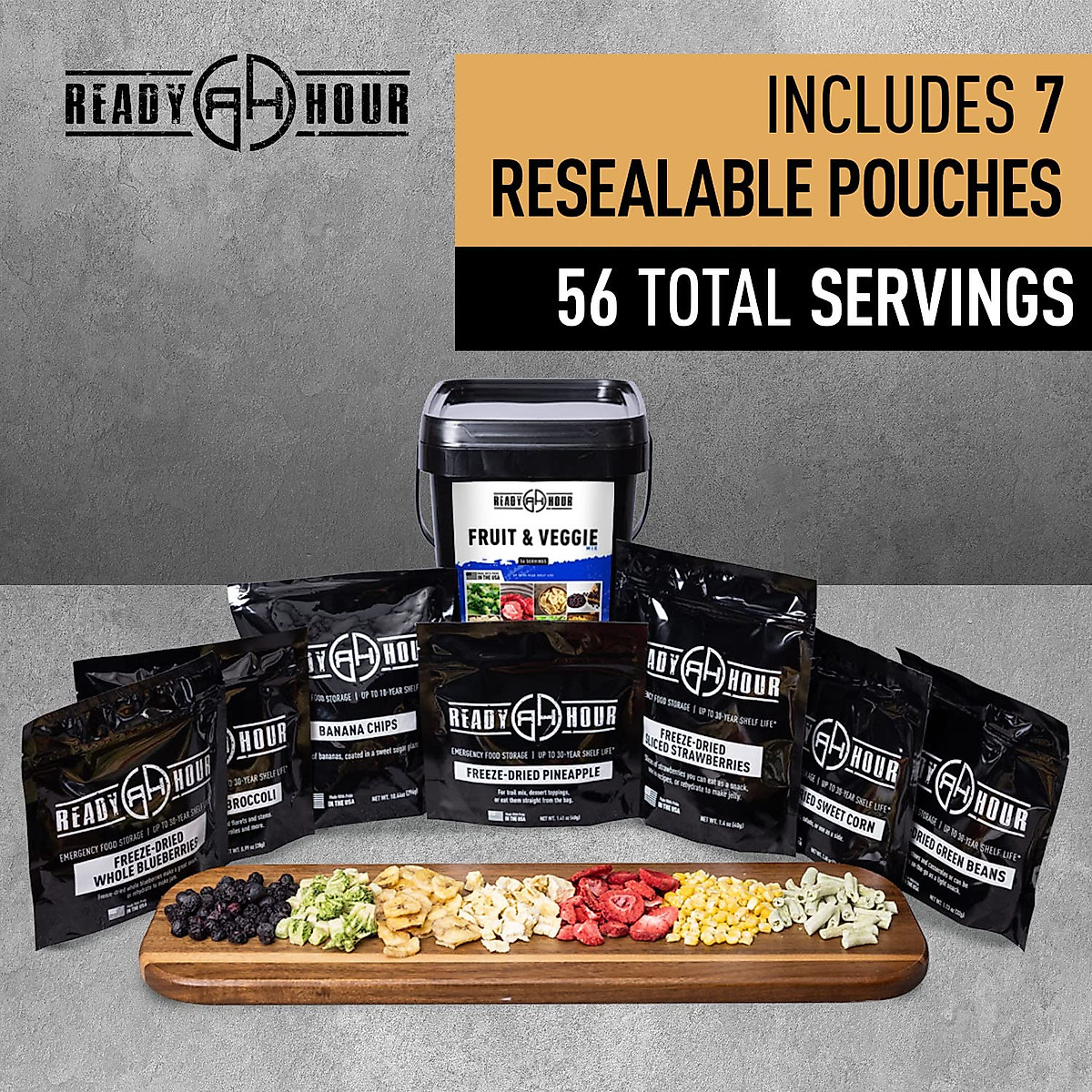 Ready Hour, Fruit & Veggie Mix, Real Non-Perishable Freeze-Dried Food, 30-Year Shelf Life, Portable Emergency and Adventure Food Supply, Durable Flood Safe Container, 56 Servings