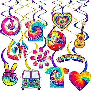 15Pcs Tie dye Birthday Party Decoration Tie Dye Happy Birthday Hanging Swirls for Peace and Love Party Tie Dye Hippie Groovy Carnival Party Supplies