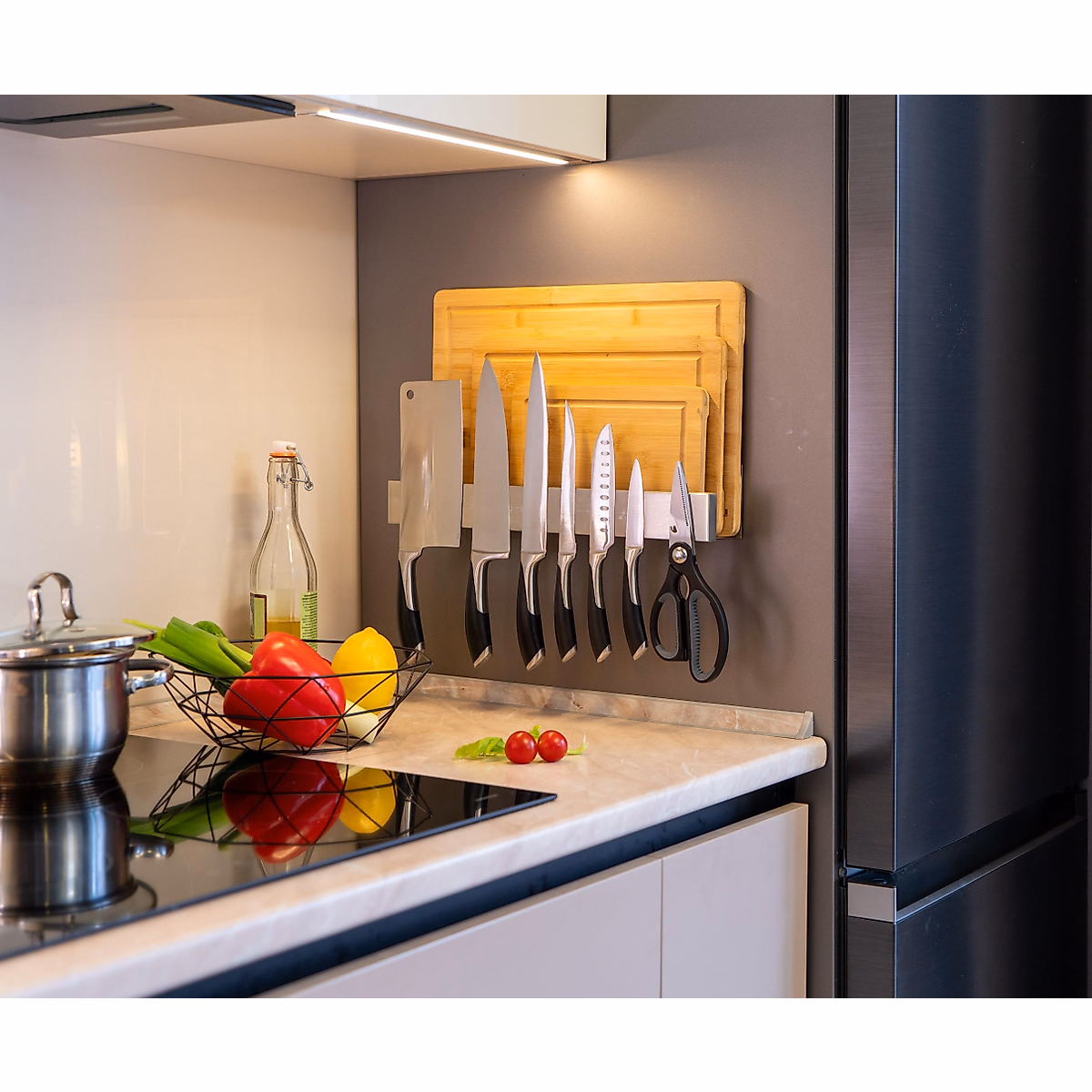 Demi's Home Knife Magnetic Strip & Cutting Board Holder for Wall or Fridge - 16 inch - (Knives & Cutting Boards Not Included) - Magnetic Cutting Board Rack & Magnetic Knife Holder for Fridge or Wall