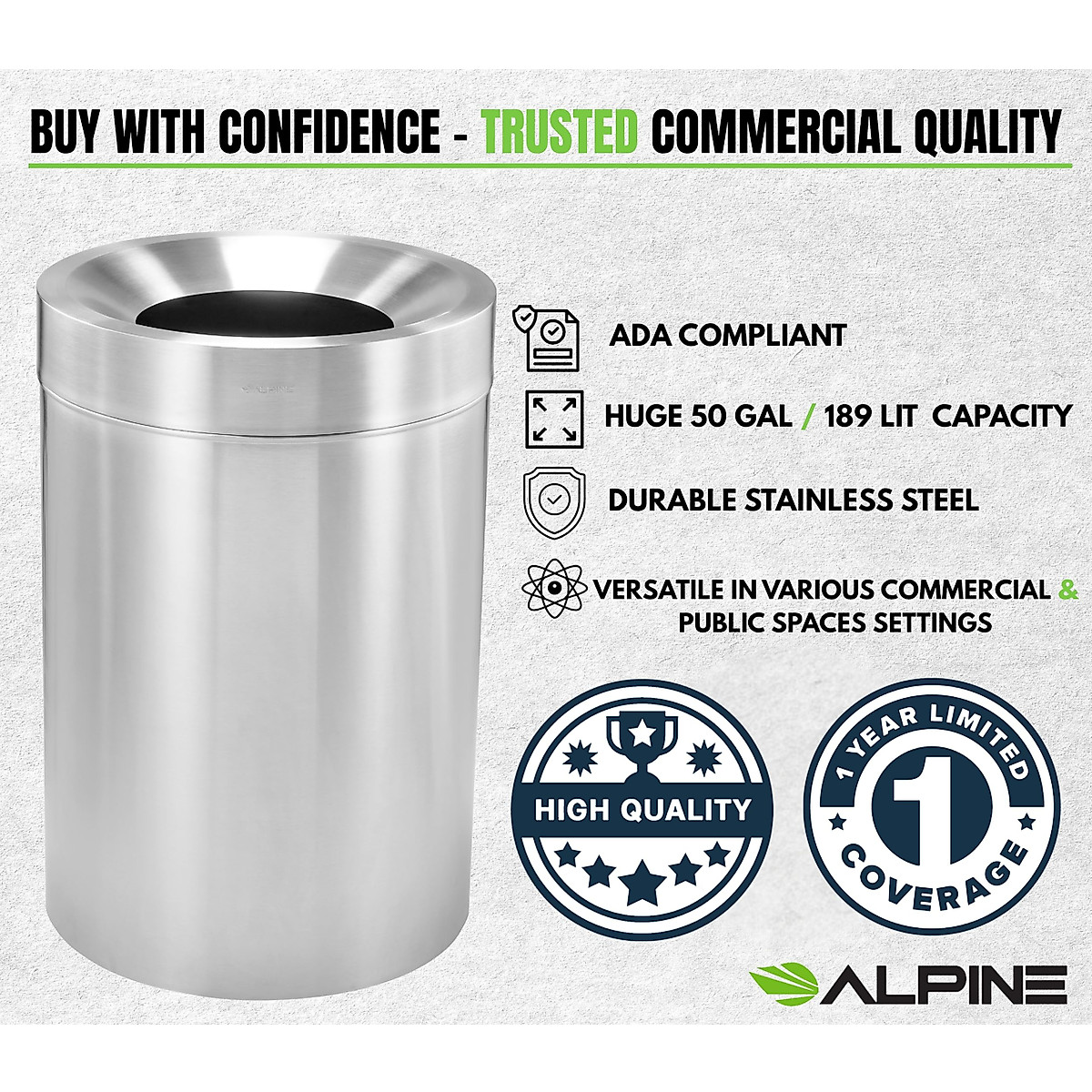 Alpine 50 Gallon Indoor Trash Can - Corrosion Proof Stainless Steel Garbage Bin - Heavy Duty Waste Disposal Trashcan for Litter Free Home, Schools, Hospitals and Businesses (50 Gallon)