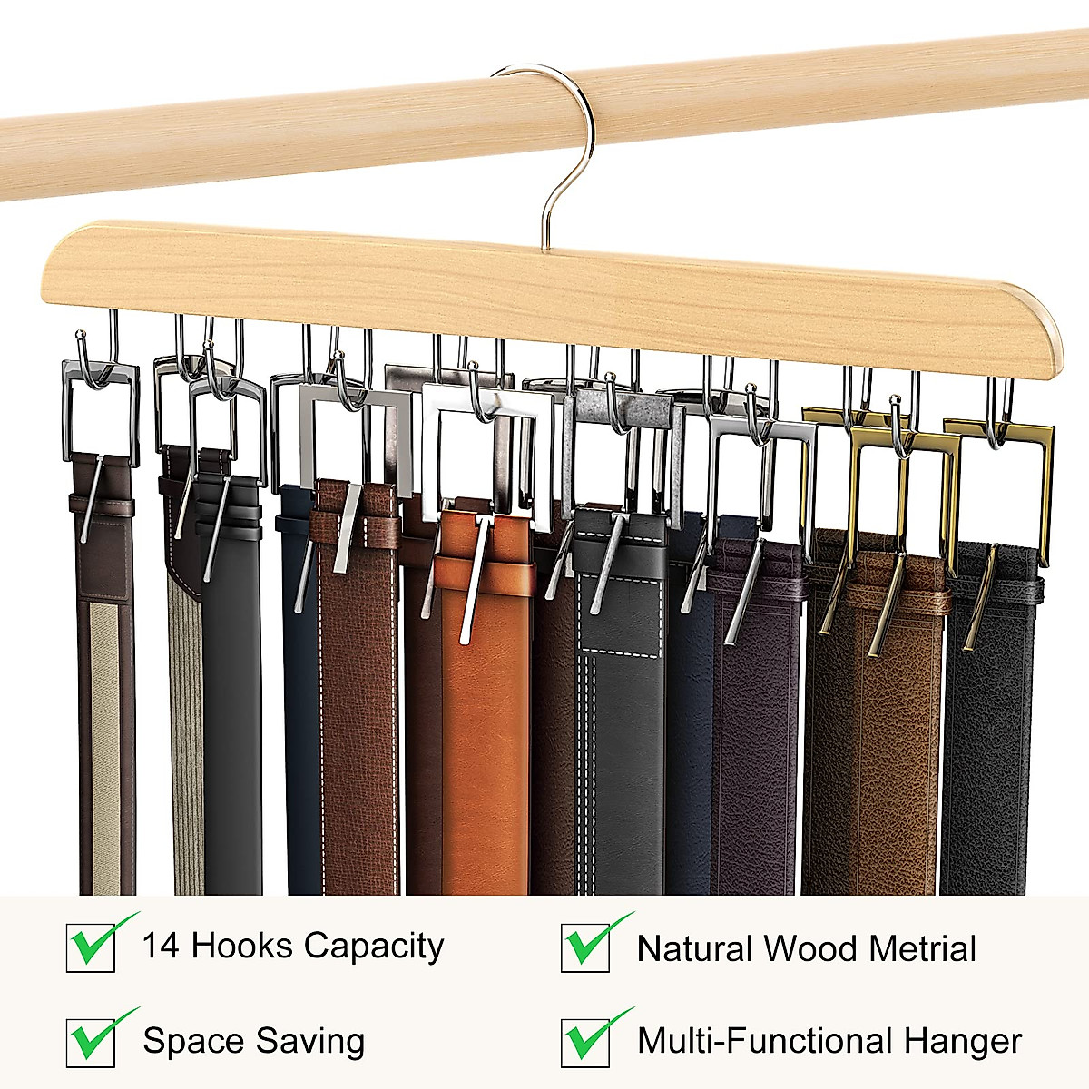 Resovo Belt Hanger for Closet, Sturdy Wood Belt Rack Closet Accessories with 14 Hooks Belt Organizer for Closet Organizers and Storage Max 42 Belts-Wood 1 Pack