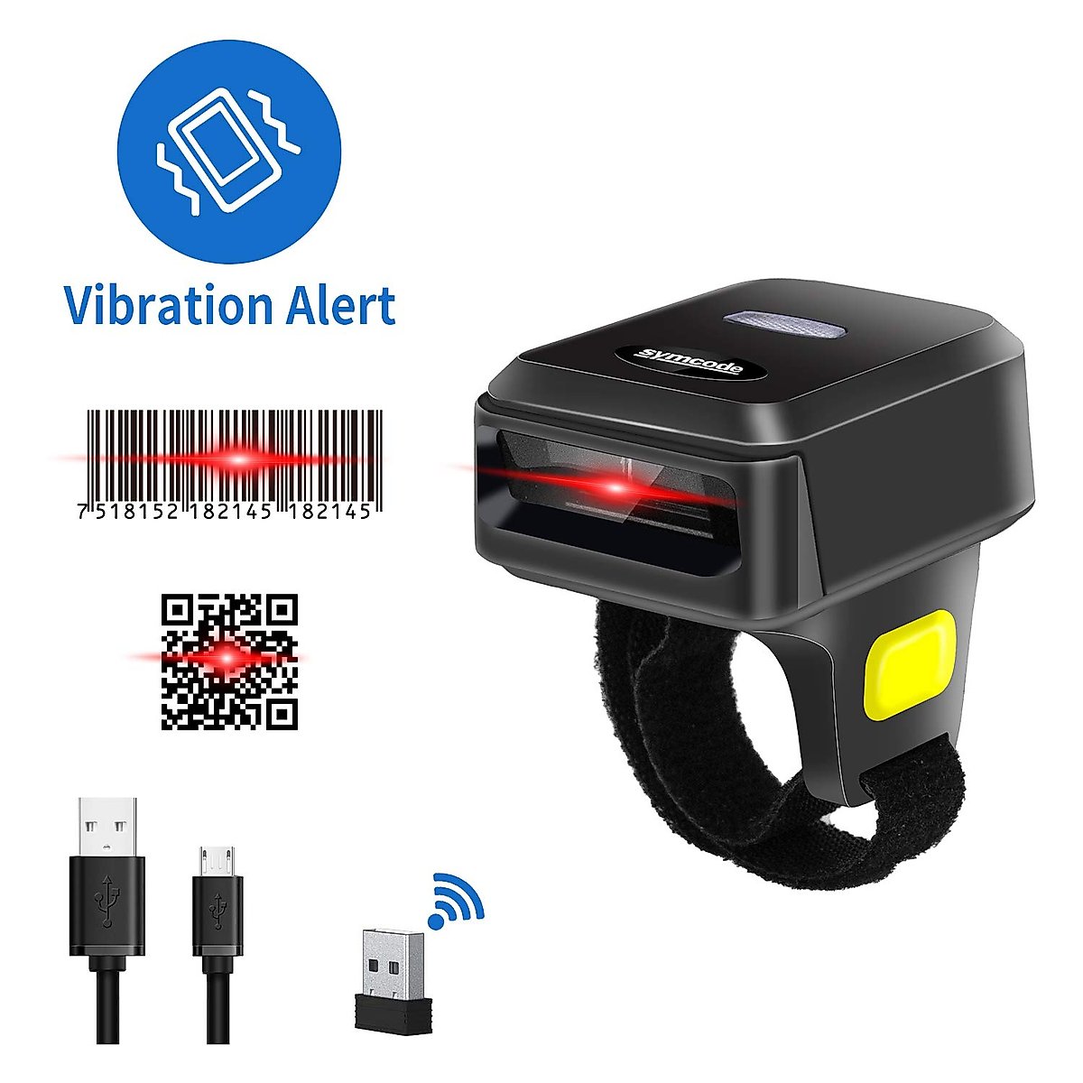 Symcode 2D Bluetooth Wireless QR Barcode Scanner,Portable Ring Wearable Finger 1D 2D Mini Bar Code Reader Scanner Suppot Screen Scanning with Bluetooth & 2.4GHz Wireless & Wired Connection Scanner
