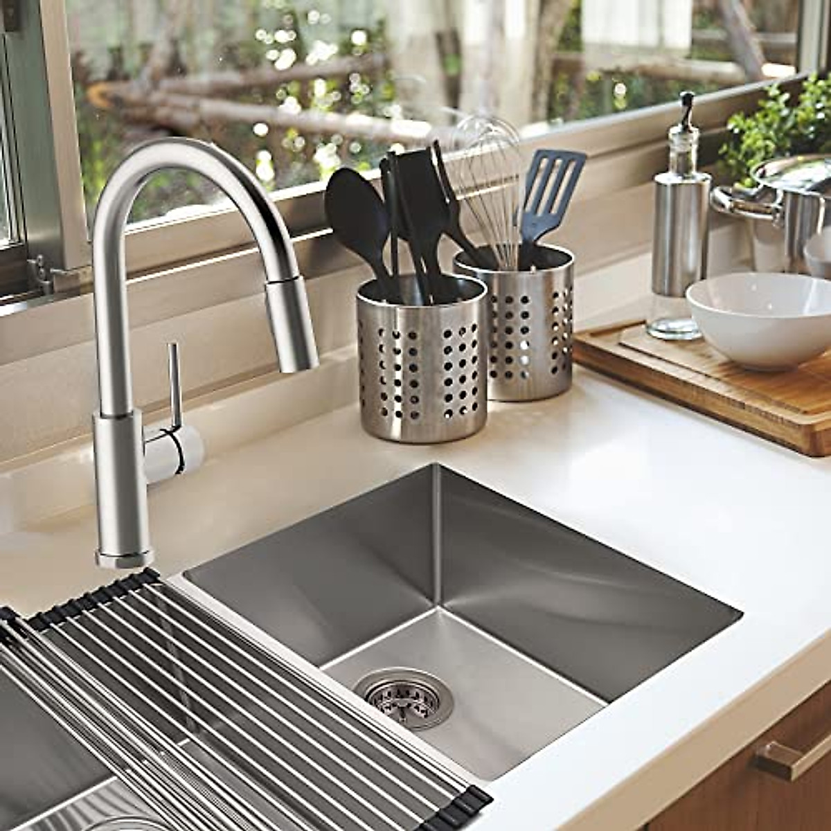 Design House 542985 4-inch Square Corner Hinge, S304 with Basket and Spring Clip, Satin Stainless Steel