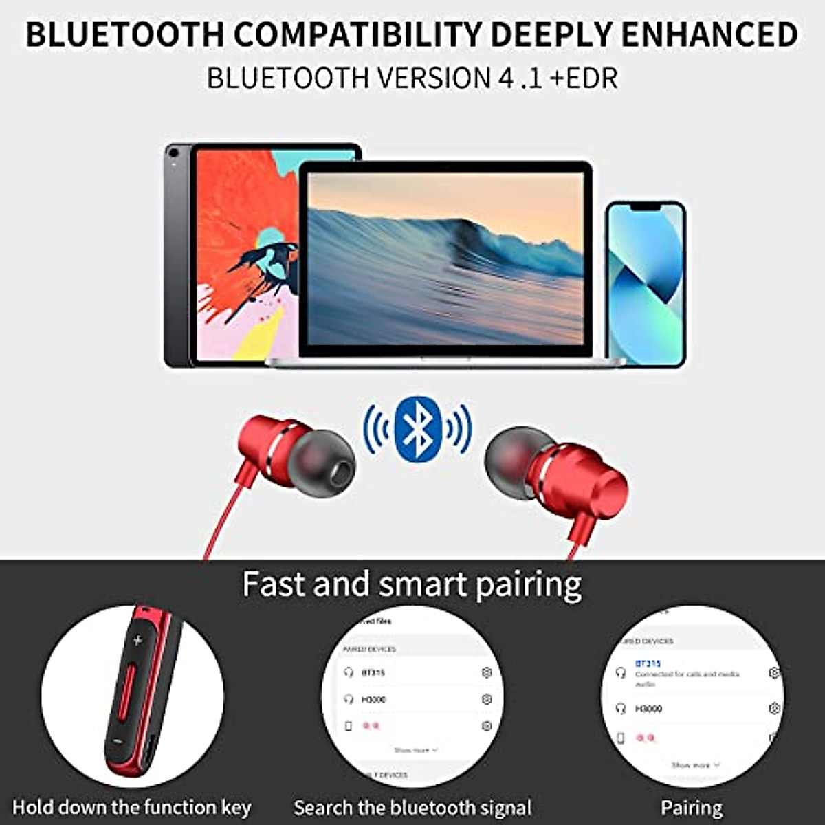 Vofolen Bluetooth Headphones Earbuds,Magnetic Wired Earbuds Bluetooth,Lightweight Bluetooth Sports Earbuds with Power Display,Deep Pass Headphones with Mic for Workout Running Jogging Work,Red