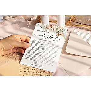 Your Main Event Prints 50 Pack of Bridal Shower Games, How Well Do You Know The Couple and Who Knows The Bride Best, Floral Modern Minimalistic Design.