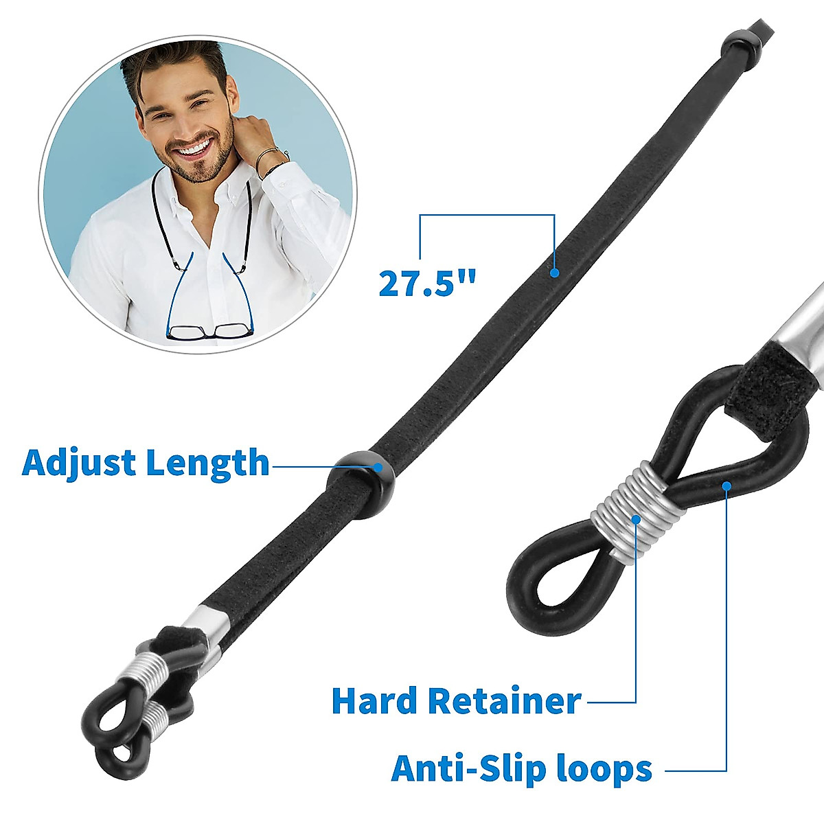 BILIONE Eyeglass Strap, 6 Pcs 2 Styles Premium Leather Glasses Holder Chain, Multicolor Eyewear Retainer for Women Men