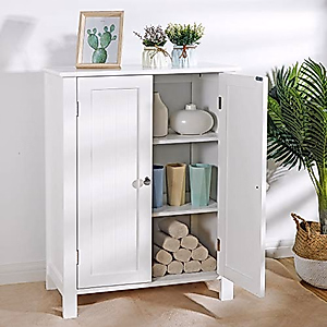 ZENY Bathroom Floor Storage Cabinet with Double Door + Adjustable Shelf, Wooden Organizer Cabinet for Living Room, Bathroom, Bedroom, Modern Home Furniture, White
