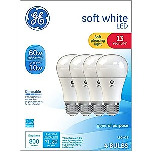 8 Pack GE LED 60W = 10W Soft White 60 Watt Equivalent A19 2700K Light Bulb