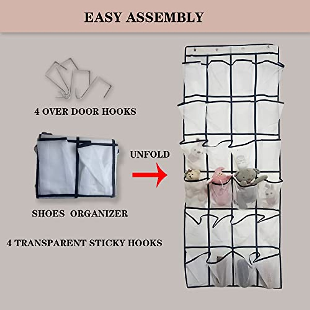 JOYUETLAN Over the Door Shoes Organizers, 24 Large Mesh Pockets& 2 Kinds of Hooks, Versatile Usage Shoe Hanger for Home Dormitory Closet Door (White)