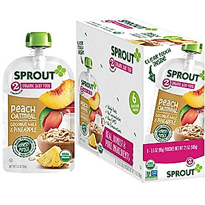 Sprout Organic Stage 2 Baby Food Pouches, Peach Oatmeal w/ Coconut Milk & Pineapple, 3.5 Ounce (Pack of 6)