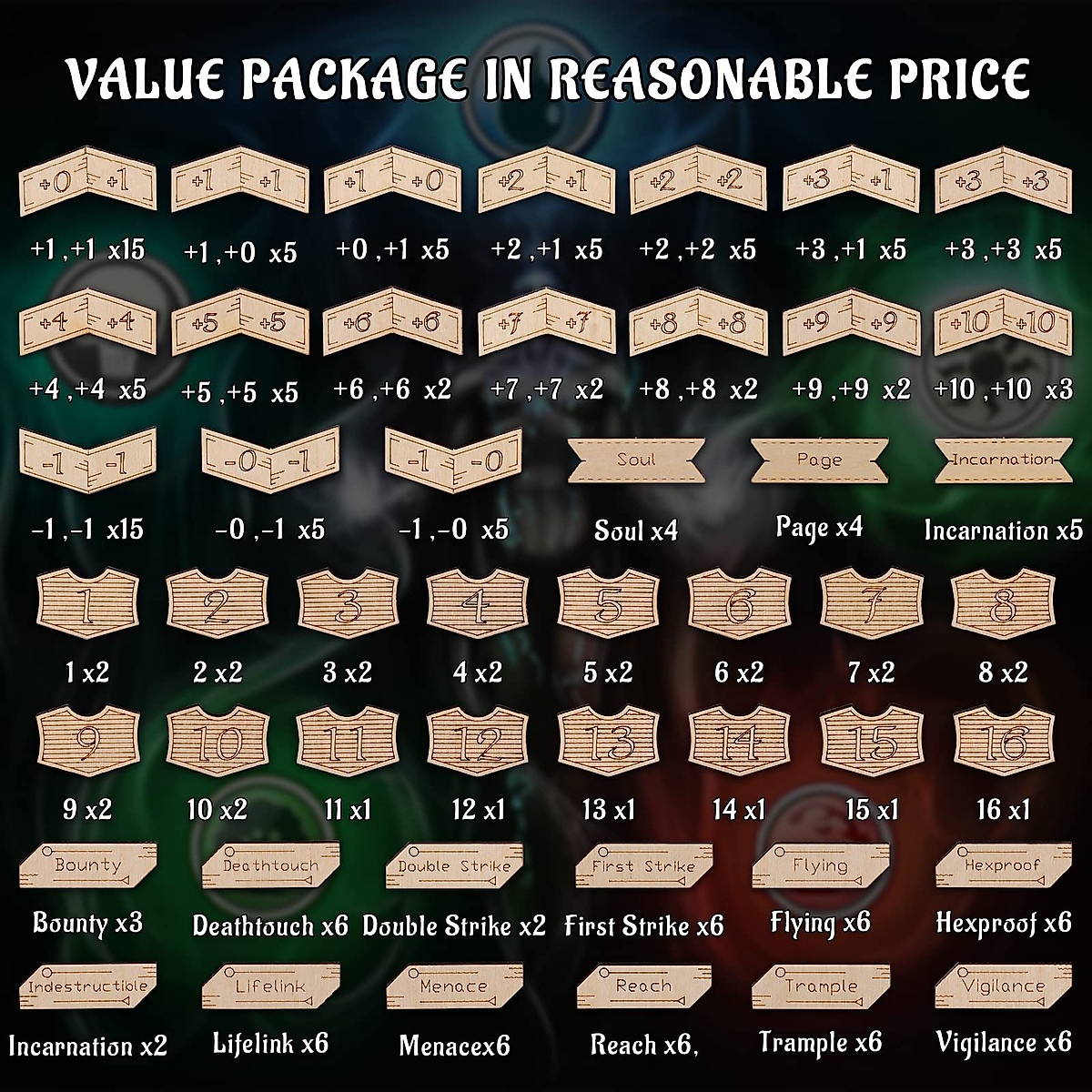 Ability, Loyalty and +1/+1 Counters Set of 194 Wood Keyword, Magic Tokens Compatible with Magic The Gathering, MTG