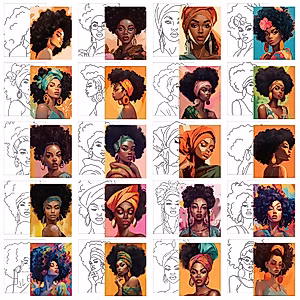 Sherr 20 Pcs Stretched Pre Drawn Canvas Afro Queen Black Art for Painting for Adults Outline Pre Drawn Stretched Cotton Canvas to Paint Party Set, 8 x 10''(Vivid)
