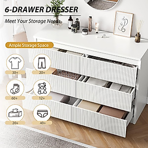 Jocoevol White Dresser 6 Drawer Dresser for Bedroom, Modern Fluted Dresser with Deep Drawers, Large Double Wooden Dresser Chest of Drawers for Living Room, Hallway, Entryway (White)