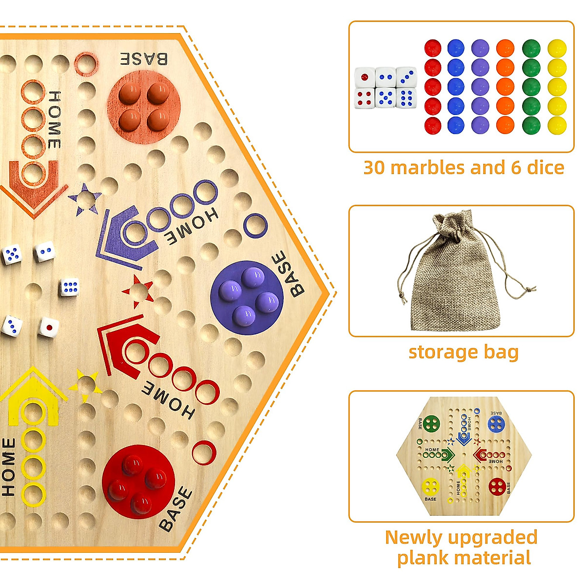 Wooden Board Game, Original Marble Game Board Game Double Sided Painted 2 to 6 Player Fast Track Board Game Wooden with 6 Colors 24 Marbles 6 Dice for Adults Kids Family