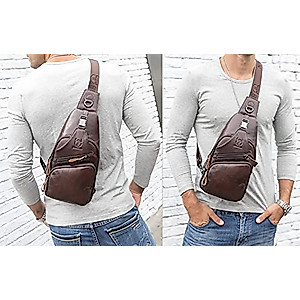 BULLCAPTAIN Men Sling Chest Bag Genuine Leather Casual Multipurpose Crossbody Shoulder Backpack Travel Hiking Daypack (Brown)