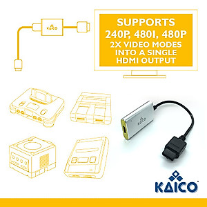Kaico Nintendo 64 HDMI Adapter, N64 to hdmi for Nintendo 64 Super Nintendo, Super Famicom and Gamecube - Supports 2X Line-Doubling - A Simple Plug & Play for Nintendo 64, GC and SNES HDMI Adapter