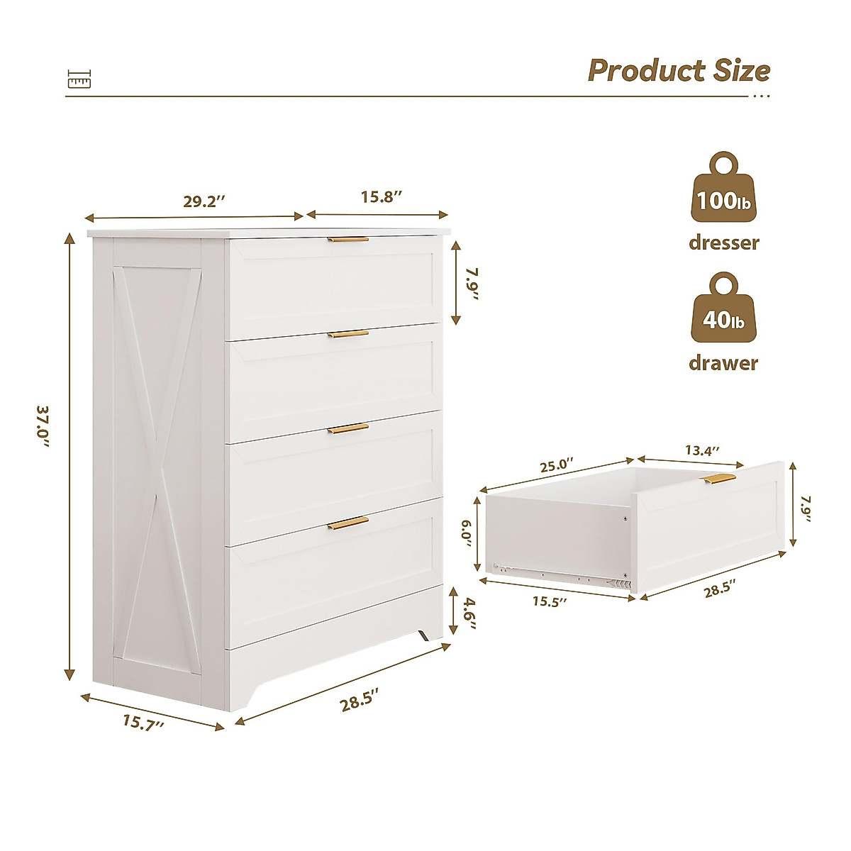 White 4 Drawer Dresser for Bedroom, Tall Bedroom Dresser with Large Drawer & Golden Handles, Wooden Storage Organizer Cabinet Chest of Drawer for Closet, Living Room, Hallway, Children's Room