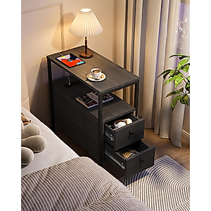 EVASTAR End Table with Charging Station, Narrow Side Table with 2 Drawers, Living Room Nightstand with Storage, Slim Bedside Table for Bedroom, Small Spaces, Black