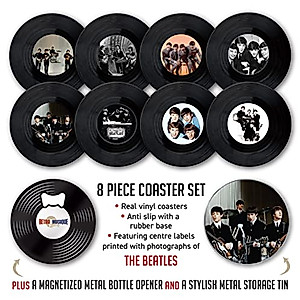 The Beatles - 8 Piece Mini Vinyl Record Coaster Set with Tin & Magnetic Bottle Opener by Retro Musique