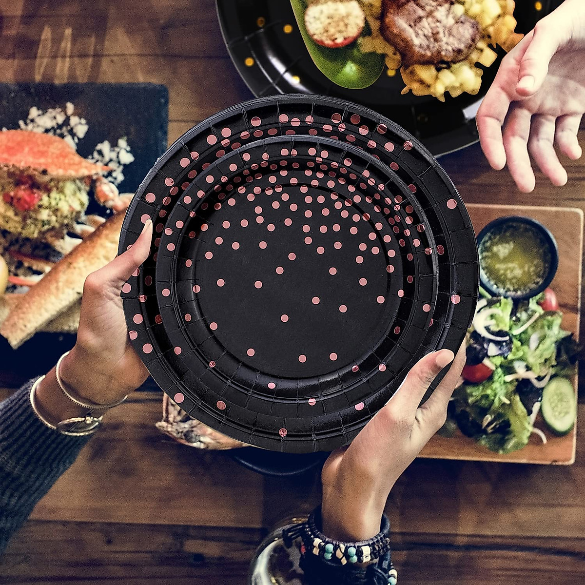 Black and Rose Gold Party Supplies 169 Pieces, Rose Gold Dot Black Paper Plates, Napkins, Cups, Cutlery, Banner for Graduation, Birthday, Cocktail Party, Retirement Party, Serve 24