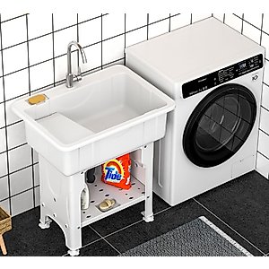 Freestanding Plastic Laundry Sink with Washboard, W31" x D22" x H31.5" Indoor and Outdoor Utility Sink with Cold and Hot Water Faucet, Hoses and Drain Kit for Laundry Room, Garage, Basement, Garden