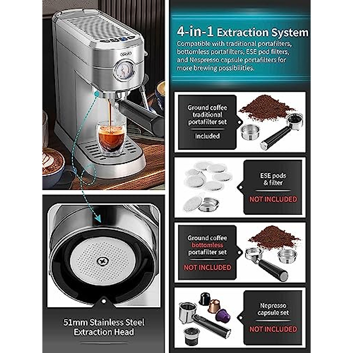 Gevi 20 Bar Compact Professional Espresso Coffee Machine with Milk Frother/Steam Wand for Espresso, Latte and Cappuccino, Stainless Steel, 35 Oz Removable Water Tank