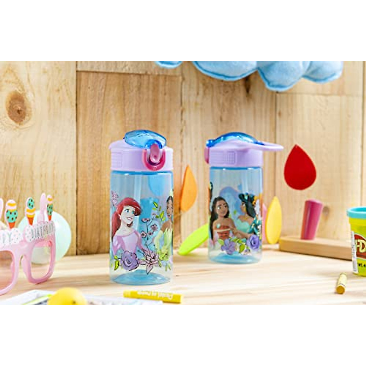 Zak Designs Kids Durable Plastic Spout Cover and Built-in Carrying Loop, Leak-Proof Water Design for Travel, (16oz, 2pc Set), Disney Princess