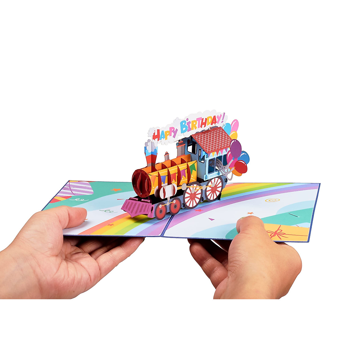 Paper Love Happy Birthday Train, Handmade 3D Pop Up Birthday Card - 5"x7" Cover - Includes Envelope and Note Tag