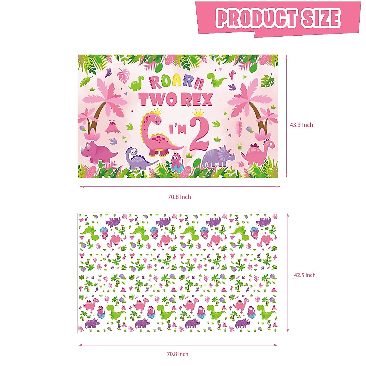 KOTLMIGHT Dinosaur Birthday Party Supplies for 2 Year Old Girl, Two Rex Pink Dinosaur Dino Party Decorations for Girls Baby - Backdrop, Banner, Toppers, Cupcakes Wrappers, Balloons and Tablecloth