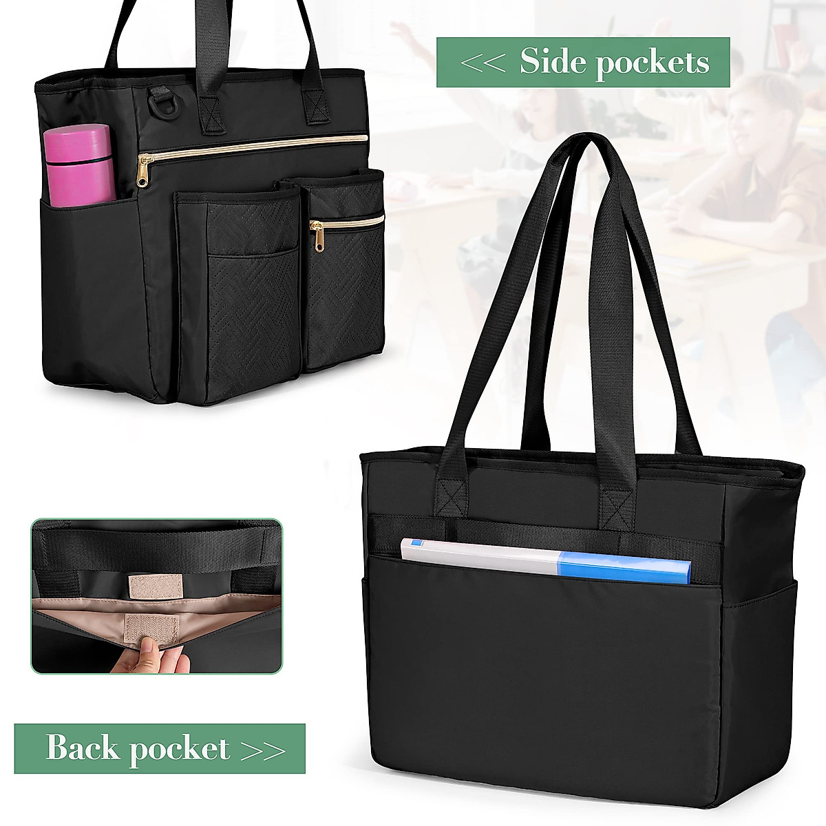 Fasrom Teacher Tote Bag for Work Women, Large Teacher Utility Bag with Padded Sleeve for up to 14 Inches Laptop and Teacher Supplies, Black (Patent Design)