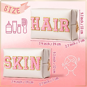 Y1tvei 2Pcs Preppy Patch SKIN HAIR Varsity Letter Cosmetic Toiletry Bag Pink Letter Makeup Bag Zipper Pouch Storage Portable Purse Waterproof Travel Organizer Gift for Women Teen Girls (Shell Gold)