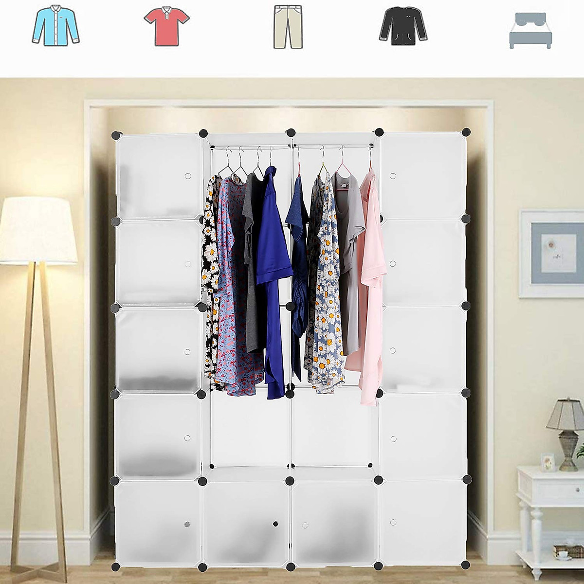 Devo Portable Wardrobe for Hanging Clothes, Cube Storage Organizer, DIY Closet Clothes Plastic Wardrobe for Space Saving (20 Cubes) with Hammer (White)