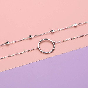 FLYOW Circle Choker Necklace S925 Sterling Silver Layered Dainty Simple Choker Necklace Circle Pendant for Women Birthday Gift