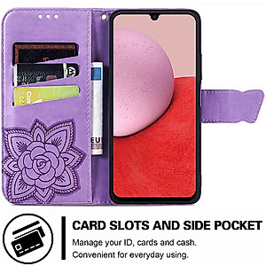 MEUPZZK Samsung Galaxy A14 5G Case, Samsung A14 5G Wallet Case, Embossed Butterfly Flower Premium PU Leather [Kickstand][Card Slots][Wrist Strap][6.6 inch] Phone Cover for Samsung A14 5G (A-Lavender)