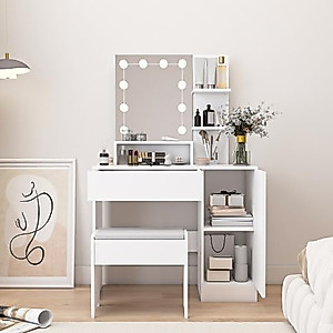 Makeup Vanity Table, Make Up Vanity Desk with Large Mirror and 10 LED Lights, Brightness Adjustable, Dresser Table Desk with Drawers & Shelves, Bedroom Vanitys Desk for Girls Women, White, New