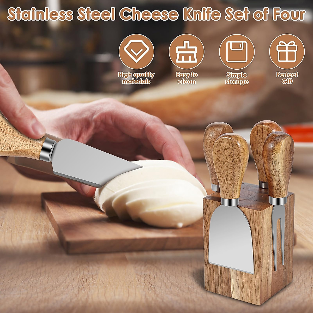 Wekvgz Cheese Knife Set, 4 Small Stainless Steel Charcuterie Board Utensils with Magnetic Acacia Wood Holder, Cheese Cutter Set (A)