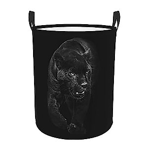 Animal Panther Printed Round Laundry Hamper,Collapsible Clothes Hamper Storage With Handle,Canvas Fabric Waterproof Storage Bin