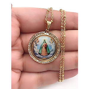 LESLIE BOULES Virgin Caridad del Cobre Pendant Necklace 18K Gold Plated Chain Religious Jewelry