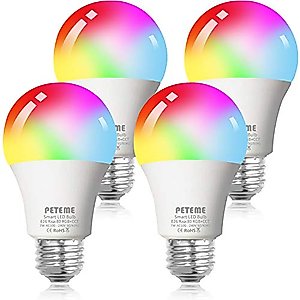 Peteme Smart WiFi Alexa Light Bulb, Led RGB Color Changing Bulbs, Compatible with Alexa, Siri, Echo, Google Home (No Hub Required), E26 A19 60W Multicolor (4 Pack)…