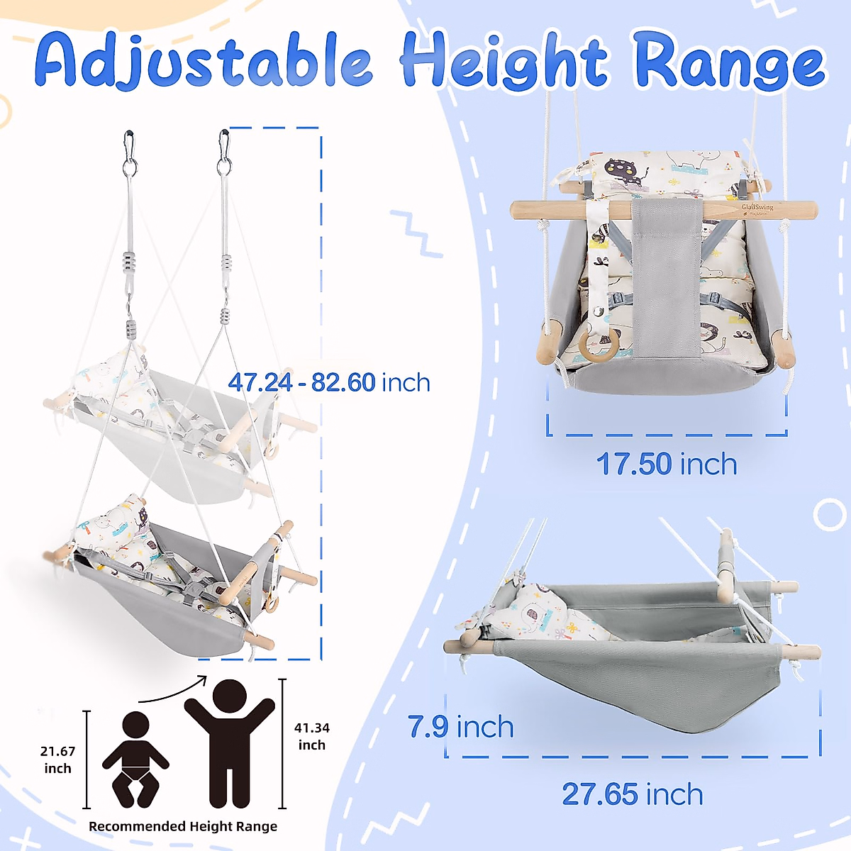 Baby Swing for Baby and Toddler, Canvas Baby Hammock Swing Indoor and Outdoor with Safety Belt and Mounting Hardware, Wooden Hanging Swing Seat Chair for Baby up to 4 Year - Cute Animal