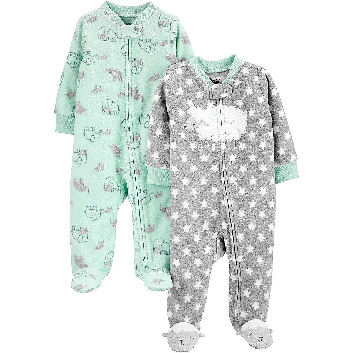 Simple Joys by Carter's Baby 2-Pack Neutral Fleece Footed Sleep and Play, Grey Stars/Mint Green Elephant, 0-3 Months