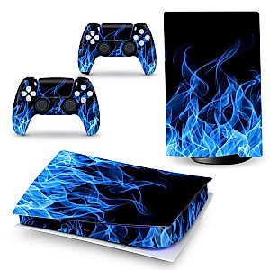 PS5 Skin Stickers Full Body Vinyl Skins Wrap Decals Cover for PS5 Digital Edition Console & Controllers (Blue Flames)