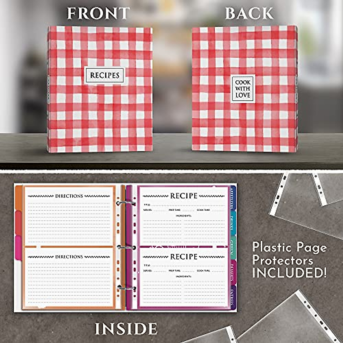 3 Ring Binder Set Plaid, Recipe Notebook with 50 Recipe Cards 4x6, Recipe Organizer Full Page Dividers and Plastic Page Covers, Recipe Book for Own Recipes Binder, Recipe Binder Kit