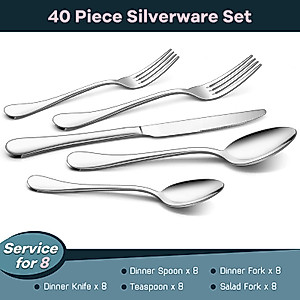 40-Piece Silverware Set for 8, E-far 18/10 Stainless Steel Flatware Cutlery Metal Eating Utensil Tableware Forks and Spoon Sets for Restaurant Wedding - Simple Fancy Style & Dishwasher Safe