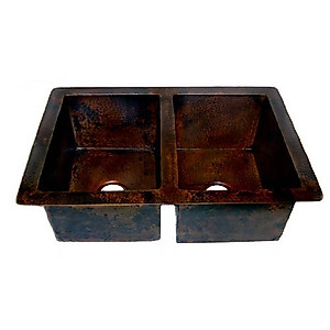 Copper Kitchen Drop-in or Under-mount Sink, Double Bowl, 60/40 Split, Dark Brown Patina (33x22x9)